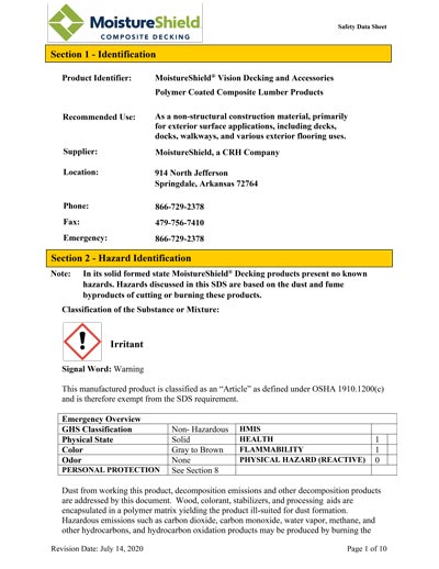 Deck Specifications for MoistureShield Composite Decking